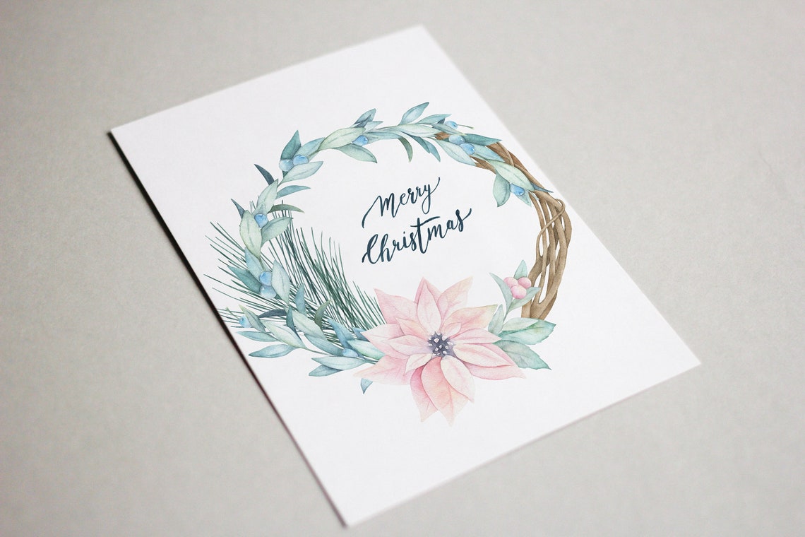 Watercolor Christmas Wreath Clipart With Poinsettia - Etsy