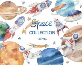 Watercolor Space Clipart, Astronaut Spaceship Rocket Stars Alien PNG ...