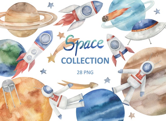 Watercolor Space Clipart Collection Outer Space Astronaut - Etsy