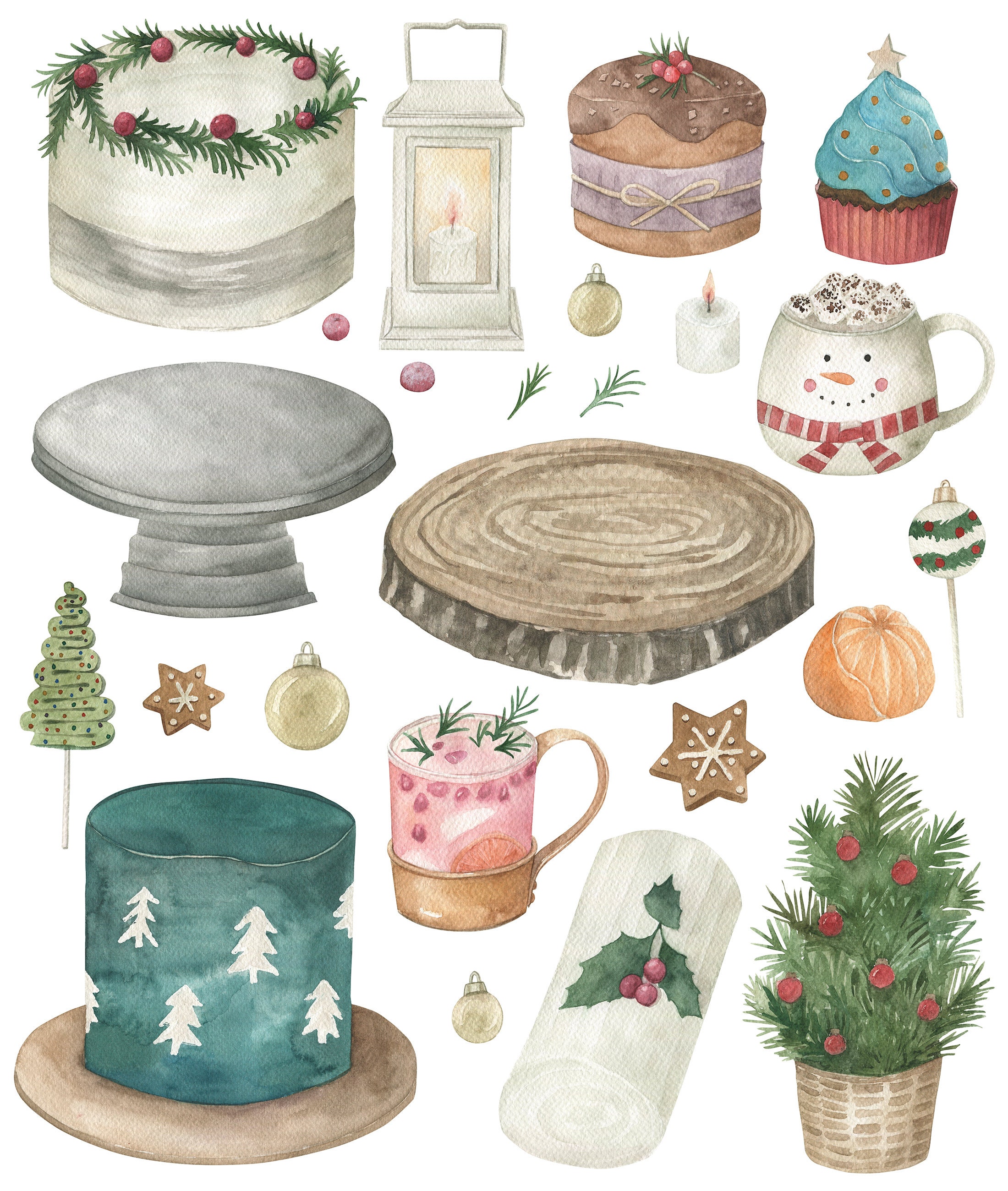 Watercolor Christmas Clipart Cake, Cupcake, Dessert, Drink, Baking ...