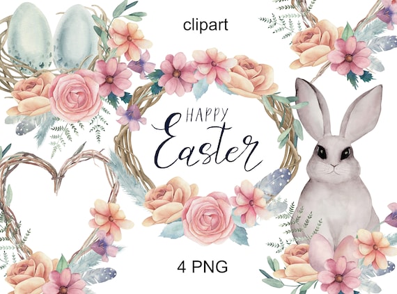 Watercolor Easter clipart cute bunny clipart easter eggs. | Etsy