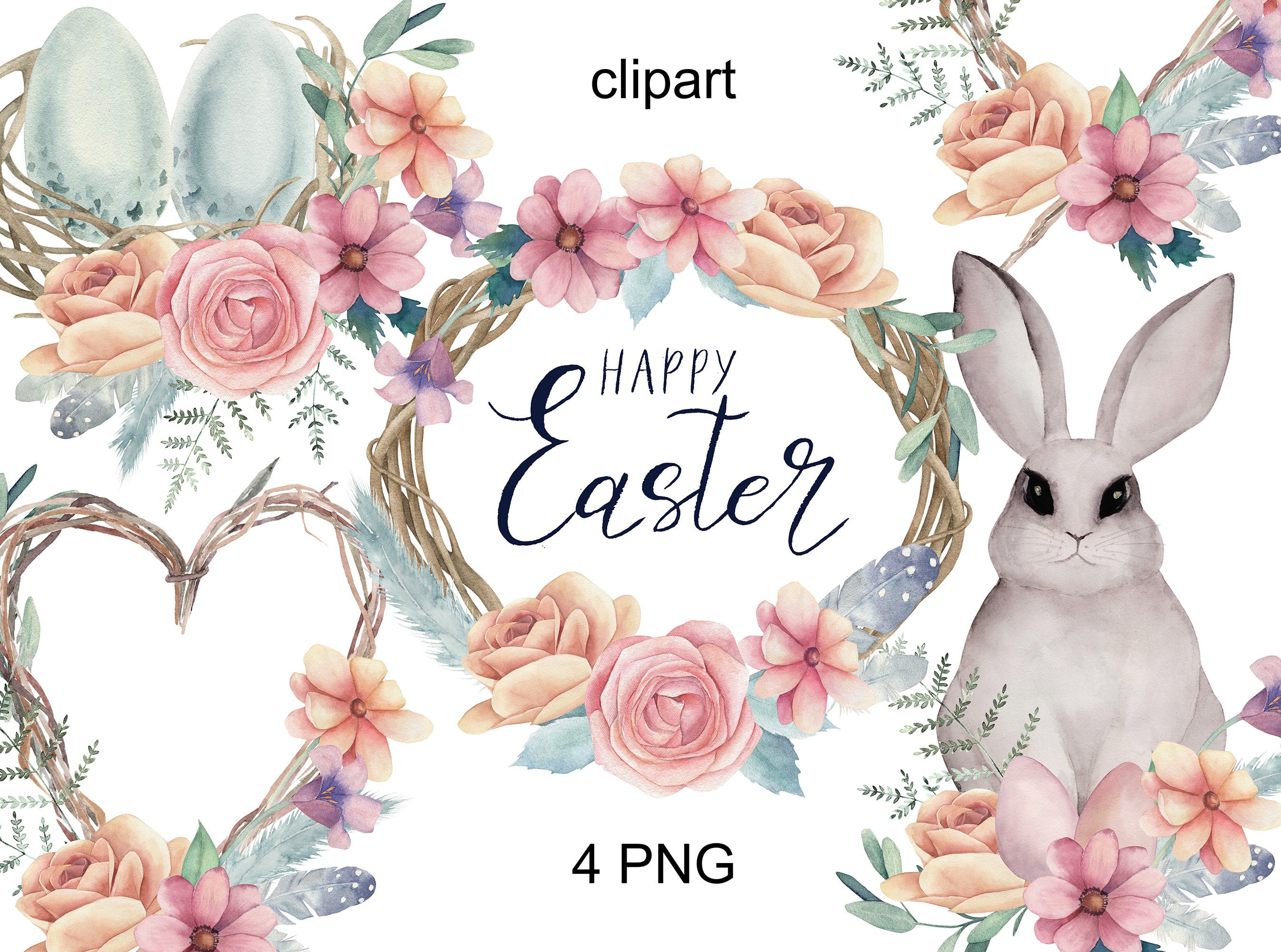 Watercolor Easter Clipart, Cute Bunny Clipart, Easter Eggs. Instant ...