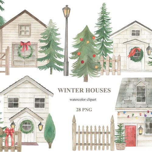 Watercolor Houses Clipart Collection. Winter Christmas - Etsy