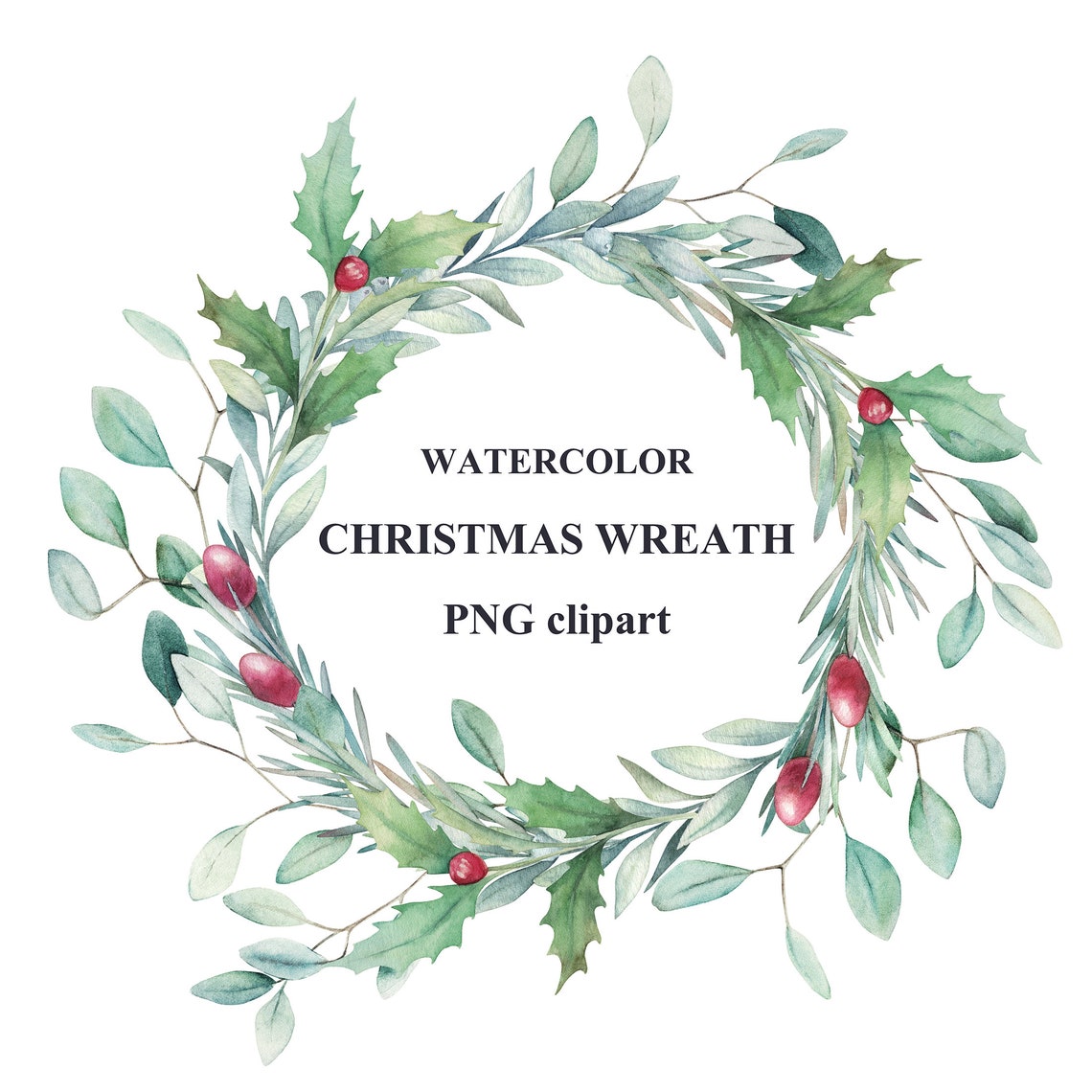 Watercolor Christmas Wreath Clipart - Etsy