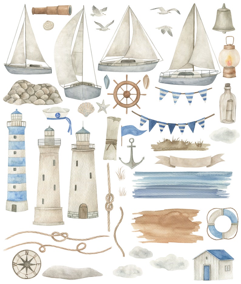 Watercolor Nautical Clipart Collection. Lighthouse, Ship, Seagulls ...