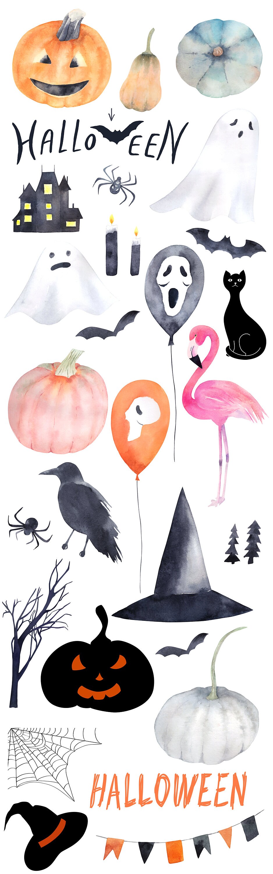 Watercolor Halloween Party Clipart. Set With Pumpkin, Ghost, Raven ...