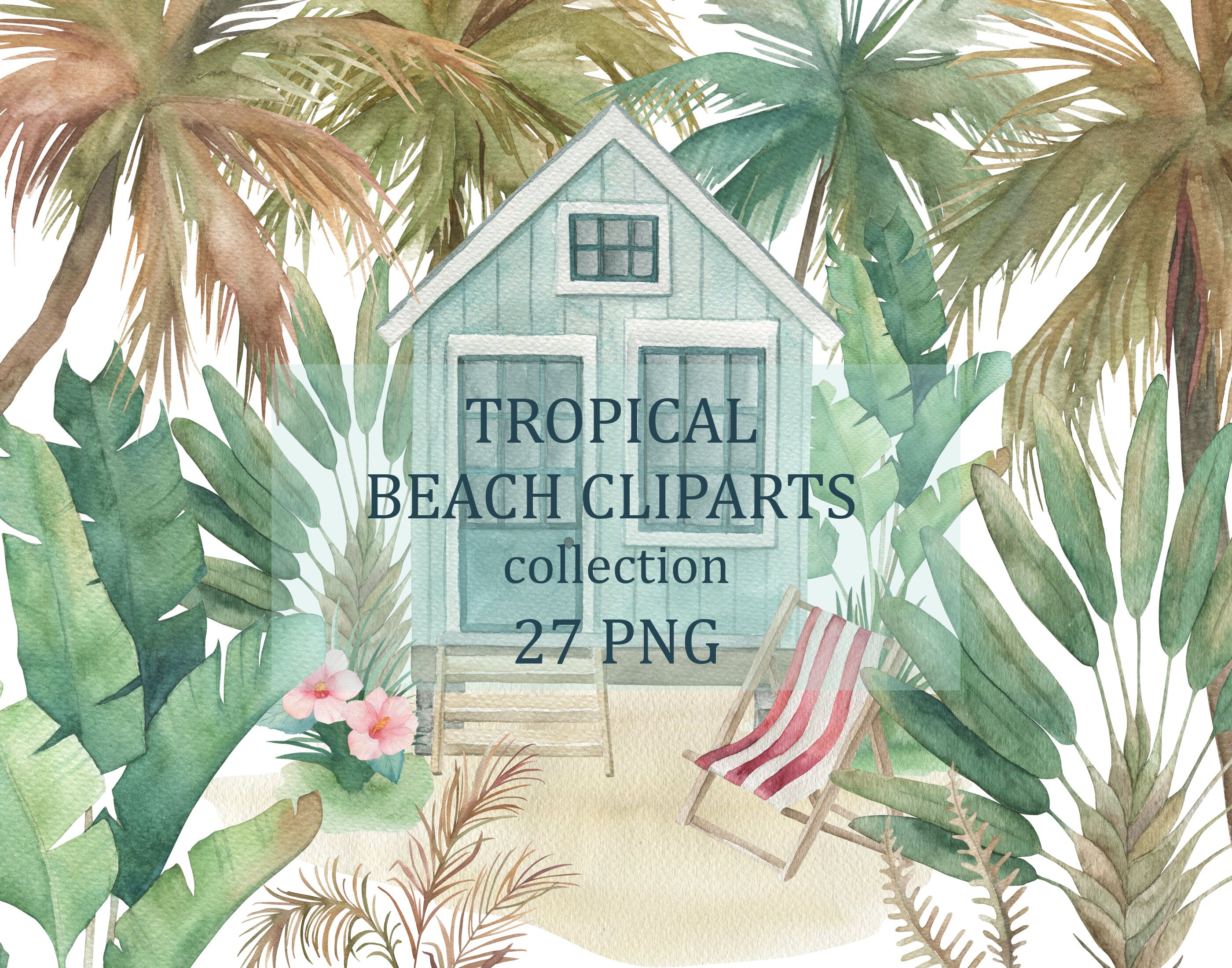 Watercolor Tropical Beach Cliparts Collection Houses Palm - Etsy