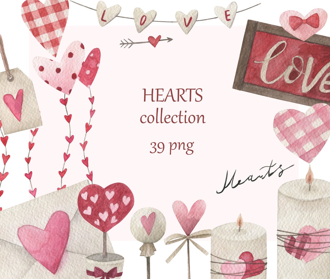 Watercolor Valentine's Day Clipart Set. Hearts, Candles, Lettering ...