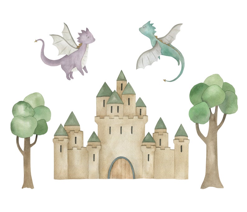 Old Fairy Tale. Princess, Knight, Dragon, Castle Watercolor Digital ...