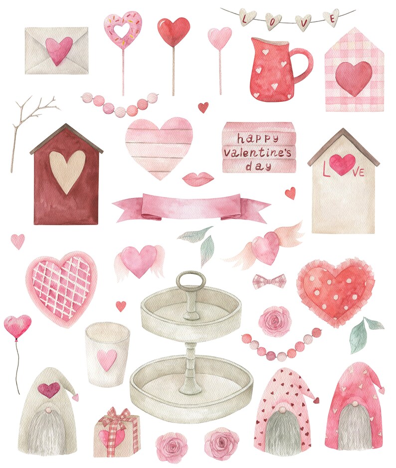 Watercolor Valentine's Day Clipart Set. Hearts, Gnomes, Digital ...