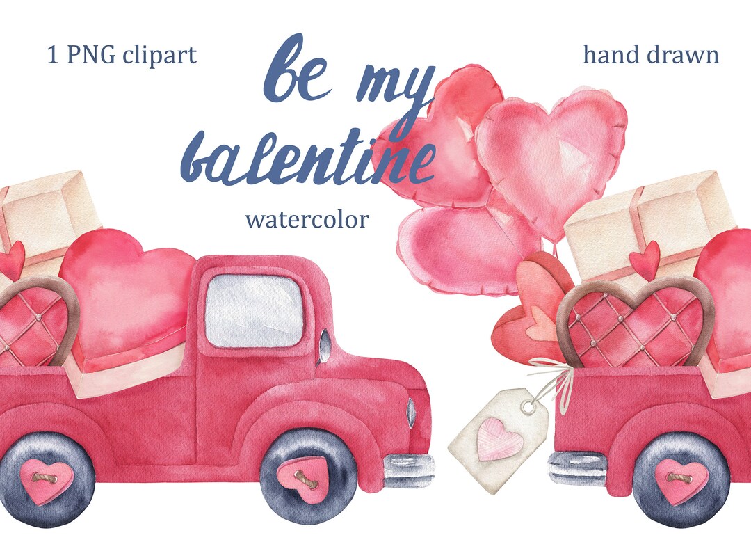 Watercolor Valentine's Day Clipart With Pink Truck, Instant Download ...