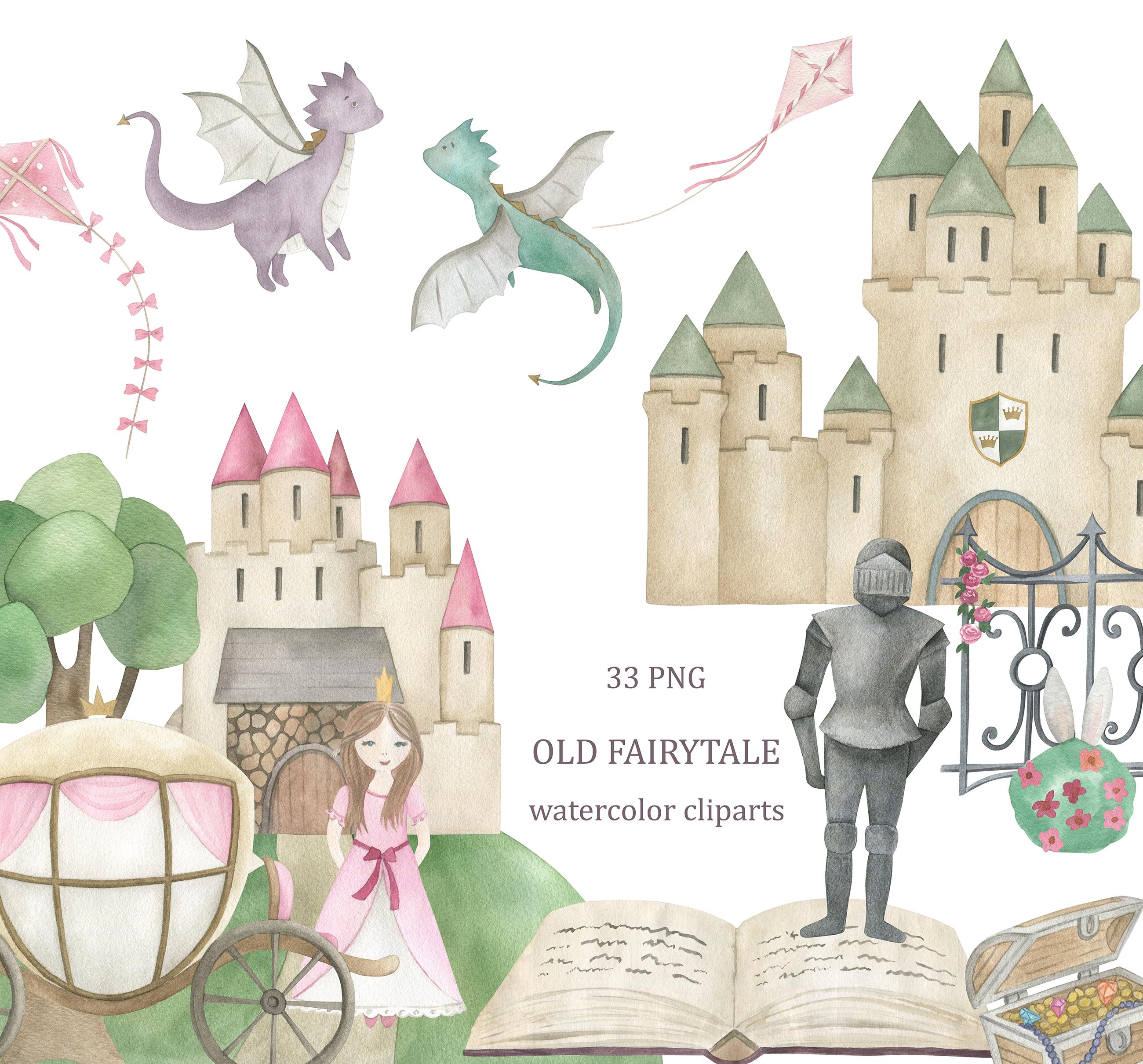 Old Fairy Tale. Princess, Knight, Dragon, Castle Watercolor Digital ...