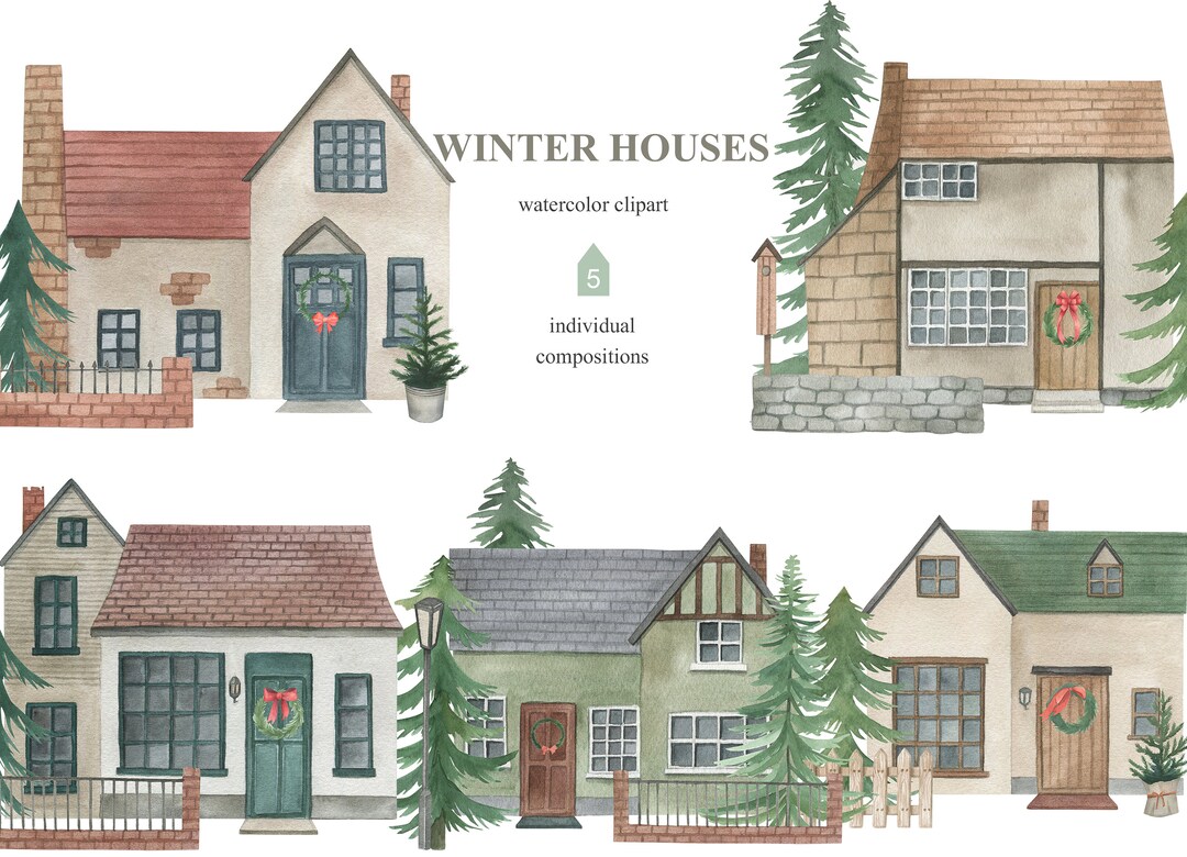 Watercolor Houses Clipart Collection. Winter Christmas Cottages ...