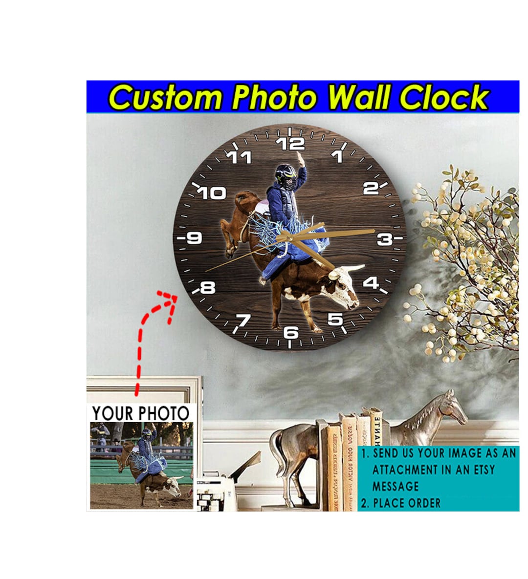 Steer Riding Mutton Busting Personalized Photo Wooden Wall Clock, Gift ...