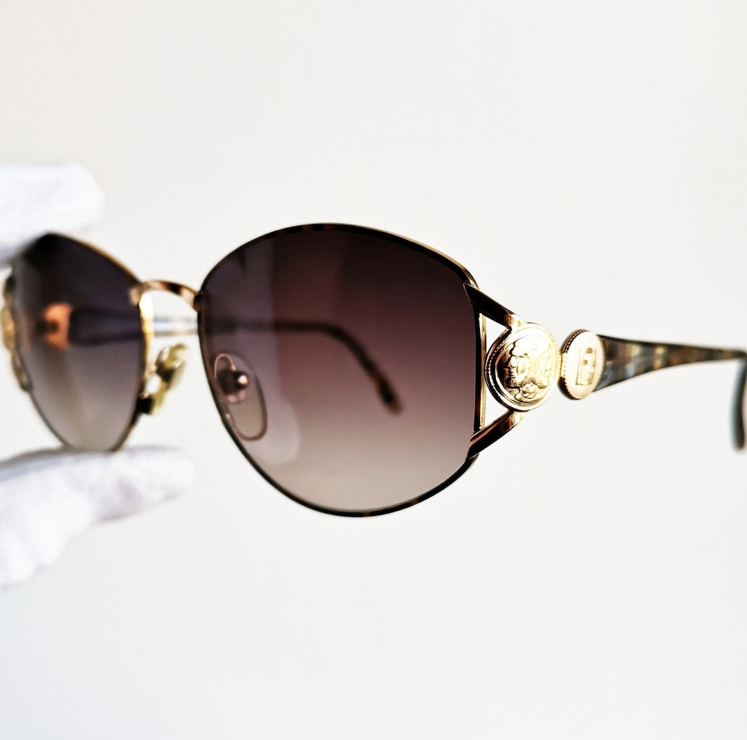 FENDI Vintage Sunglasses Rare Oval Gold Rim Roman Coin Tortoise Brown ...