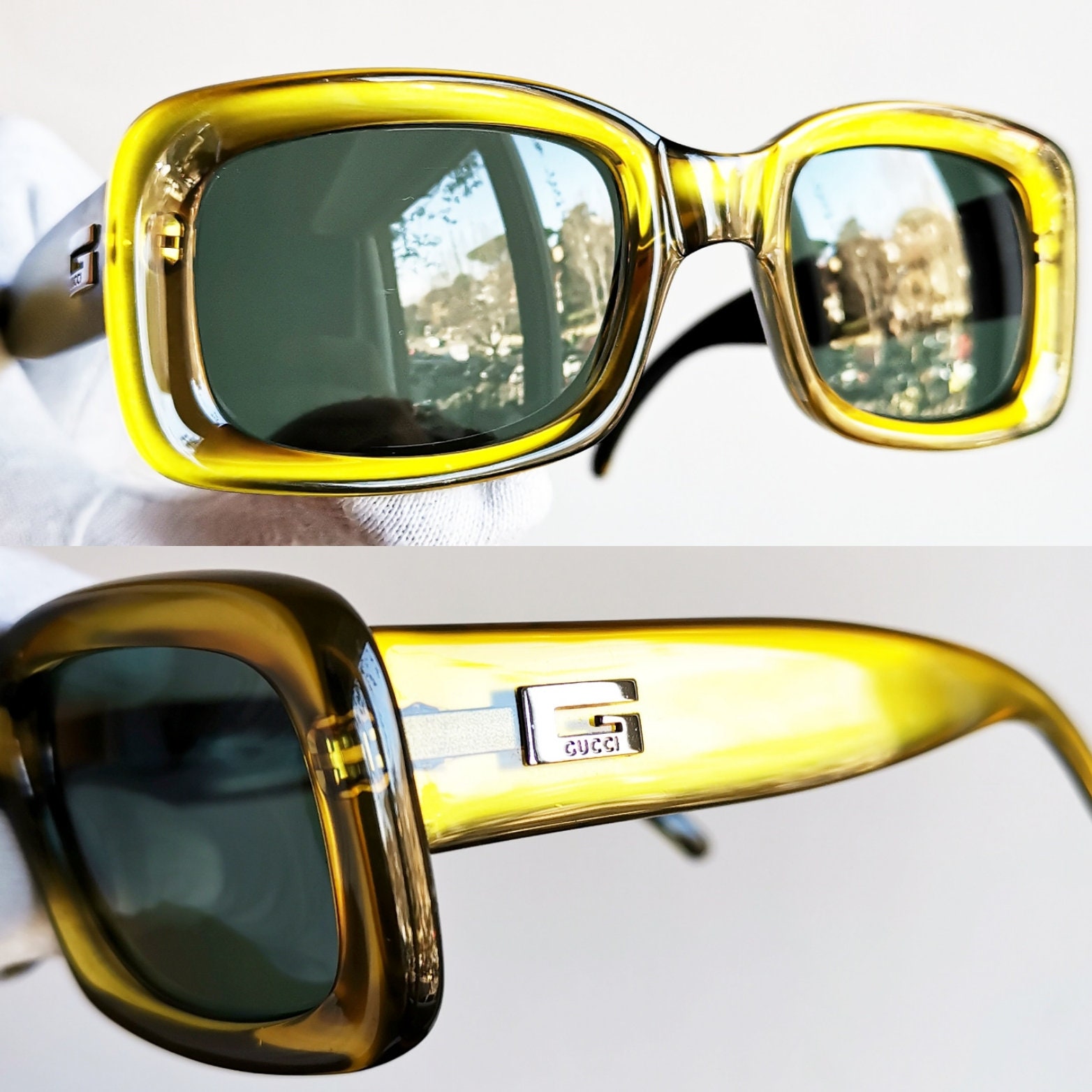 GUCCI Vintage Sunglasses Rare Square Shiny Gold Frame GG2407 GUCCI Vintage Sunglasses Rare Square Shiny Gold Frame GG2407