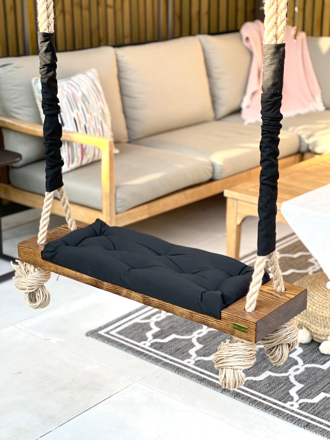 Handmade Wooden Tree Swing: Dark Walnut, Indoor Outdoor, Custom Colors ...
