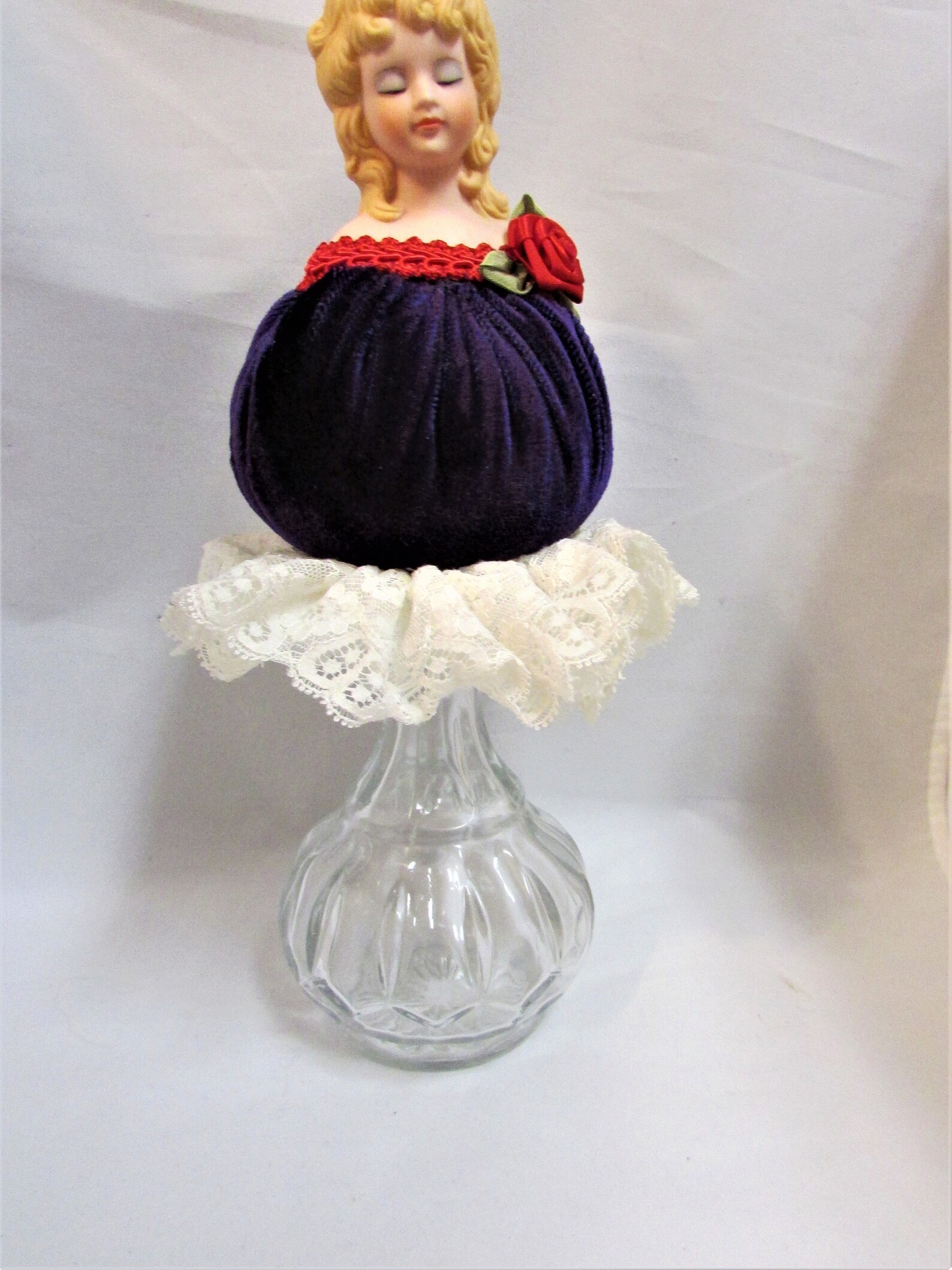 Pin Cushion Figurine Girl Sitting on Top of a Clear Bottle - Etsy