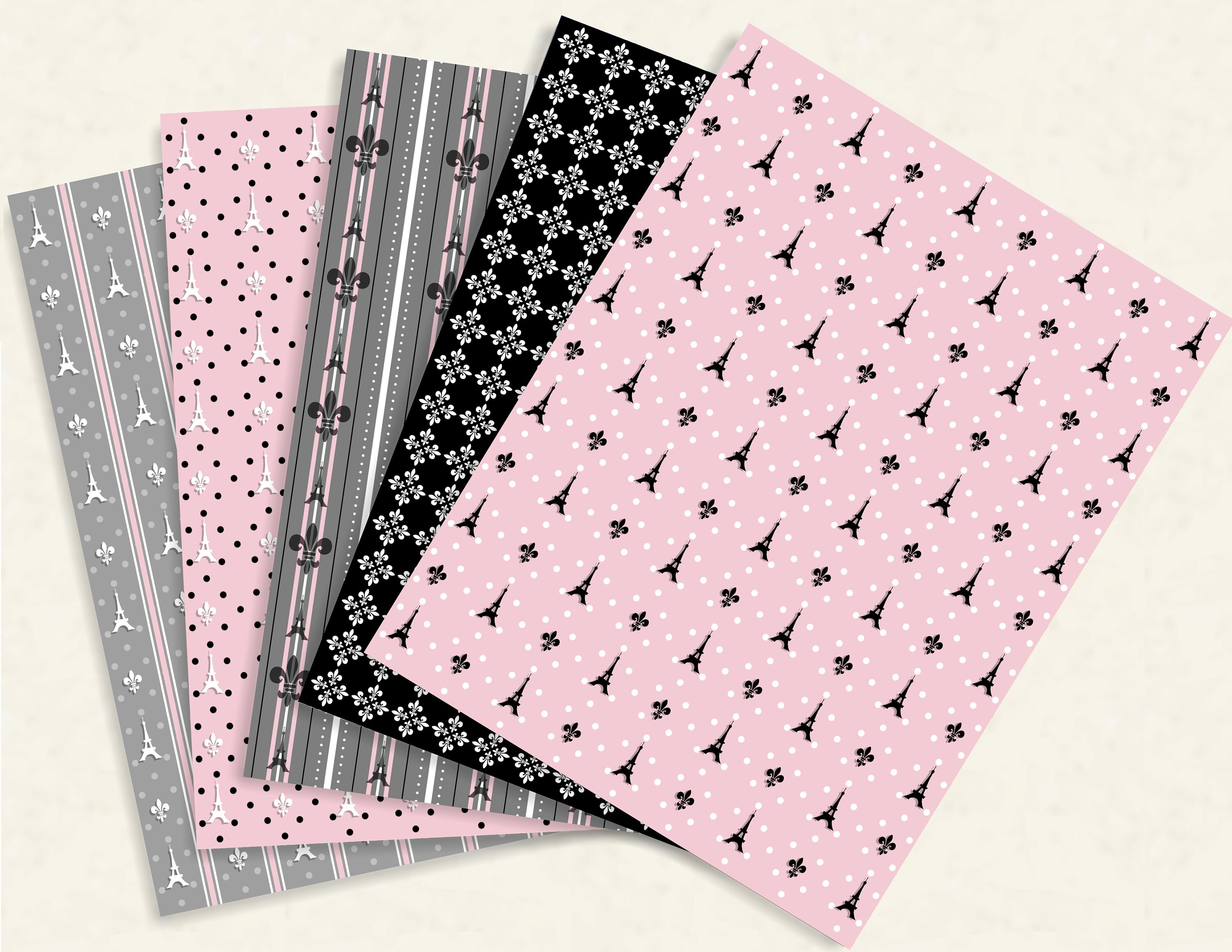 Paris Digital Paper, Eiffel Tower, Fleur De Lis, Pink-black Digital ...
