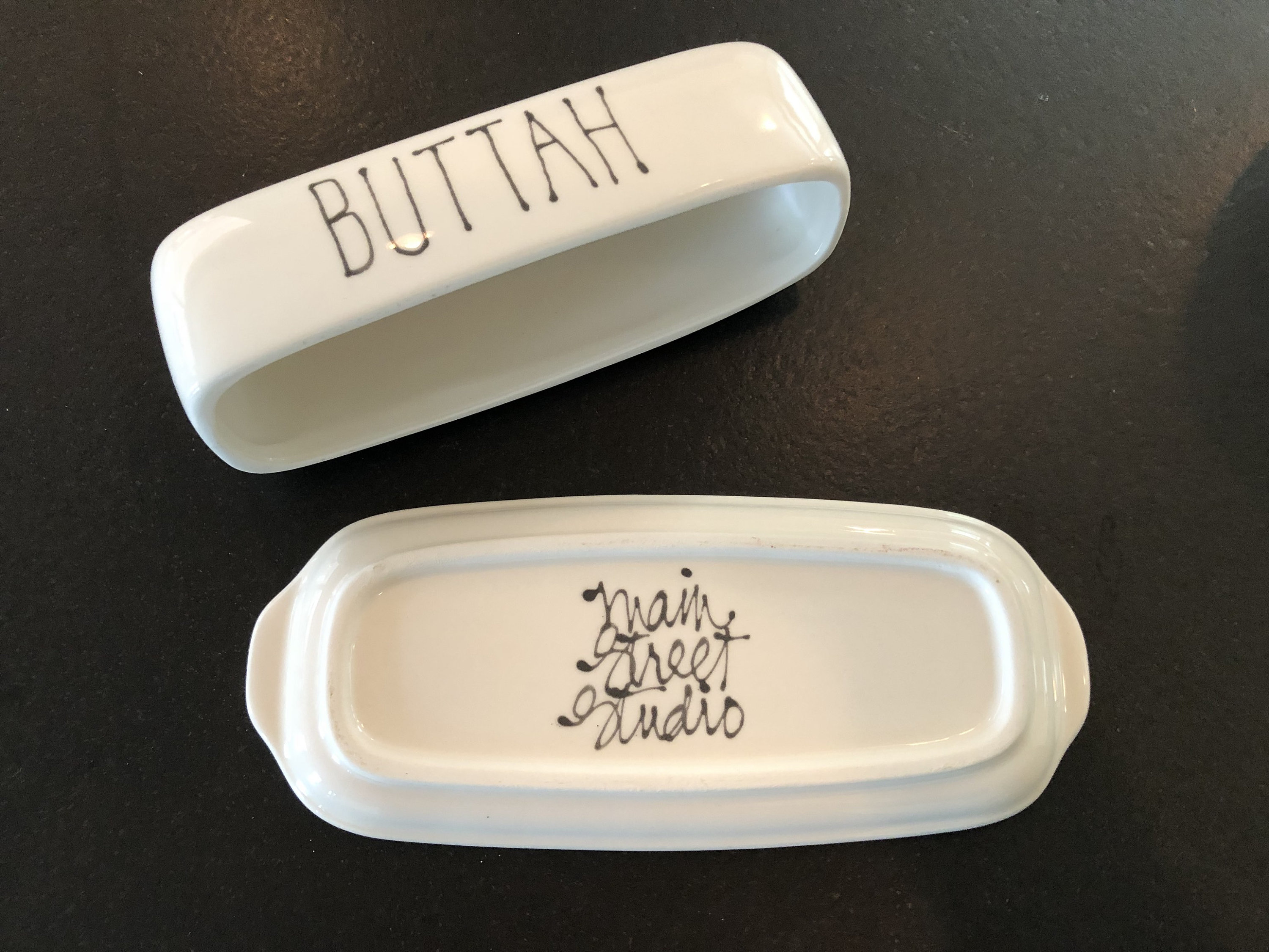 Covered butter dish with Boston accent Buttah | Etsy