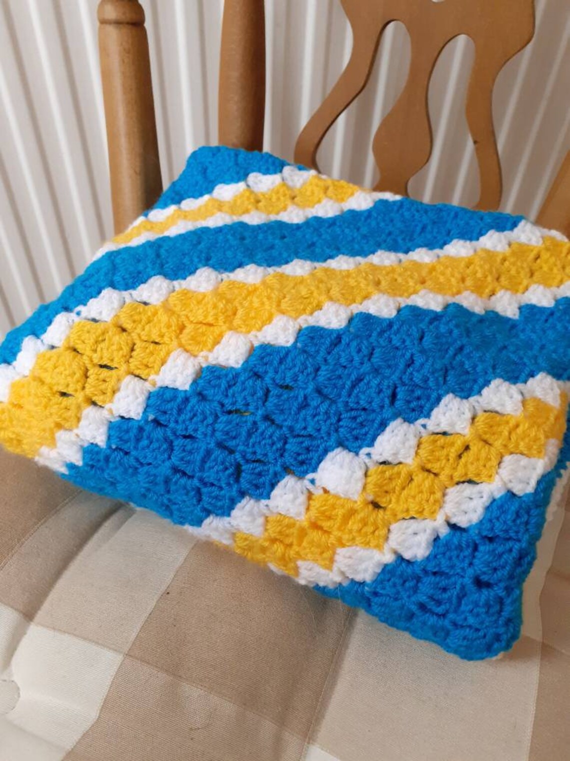 Handmade Crocheted Blanket Blue White and Yellow Diagonal - Etsy