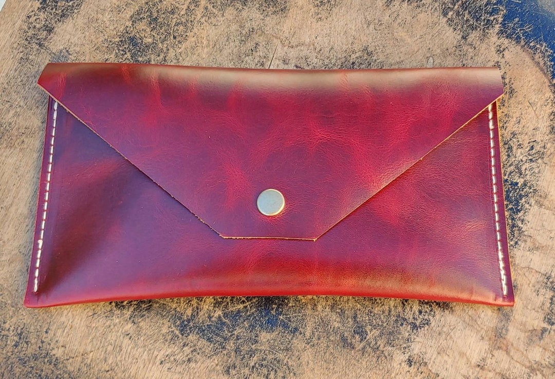 Handmade Leather Envelope Clutch, Burnt Red Maple, Antique Brass - Etsy