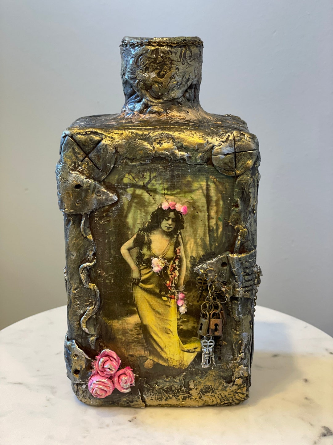 Decorated Book, Antique Book. Bottle Art. Home Decor. Altered Bottle ...