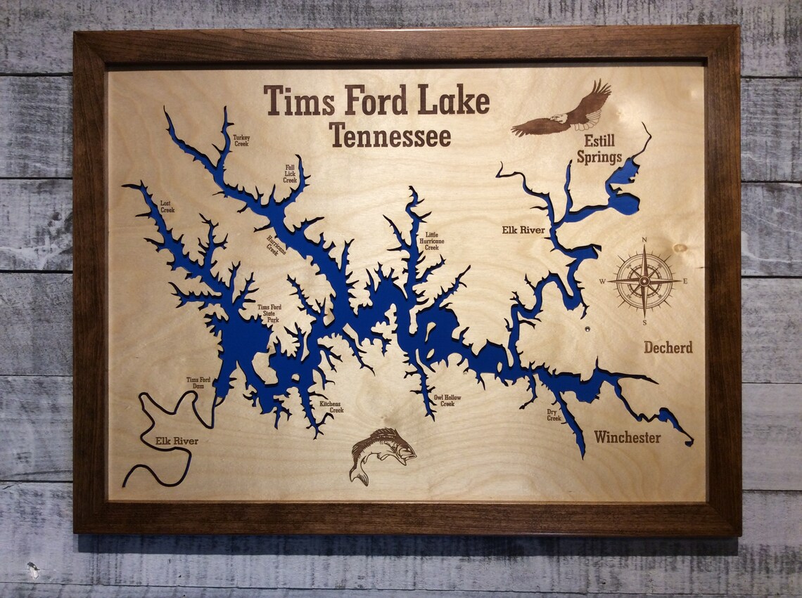 Tims Ford Lake, Tennessee. Laser Engraved Wooden Lake Map. - Etsy