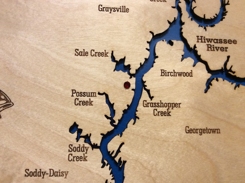 Chickamauga Lake Tennessee. Laser engraved wooden lake map. | Etsy