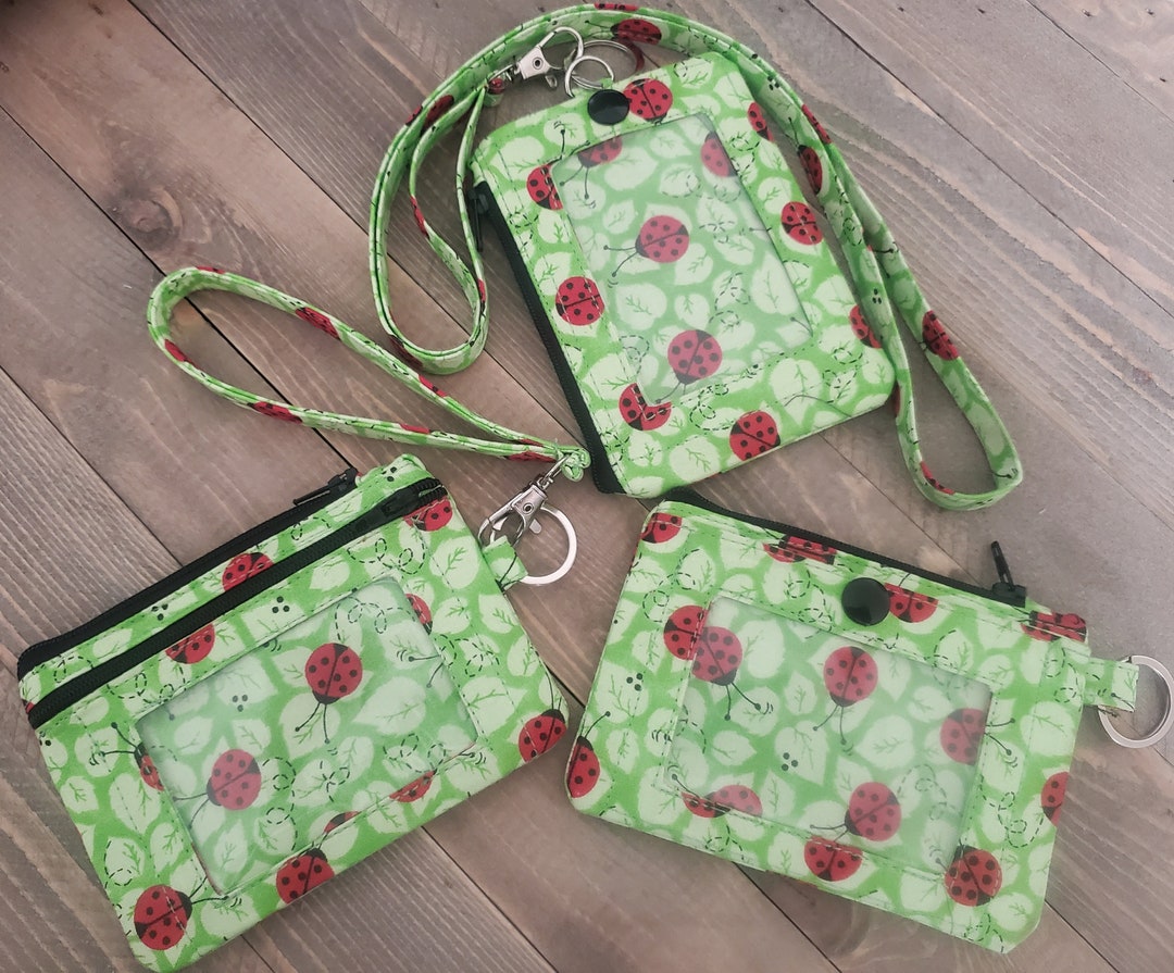 Super Cute Lime Ladybug Print Zipped Wristlet Lanyard Id/badge Wallet W ...