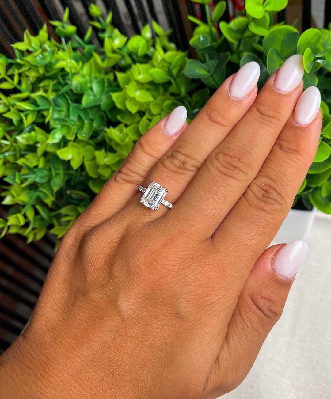 14K Solid Gold Emerald Cut Moissanite Engagement Ring With Hidden Halo ...