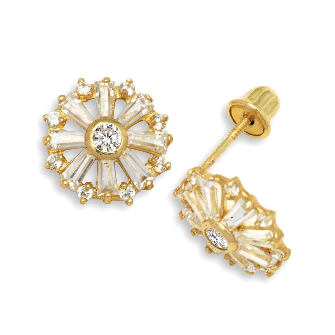 14K Solid Gold Fancy Round Studs Set With Baguettes | 9mm Screw Back ...