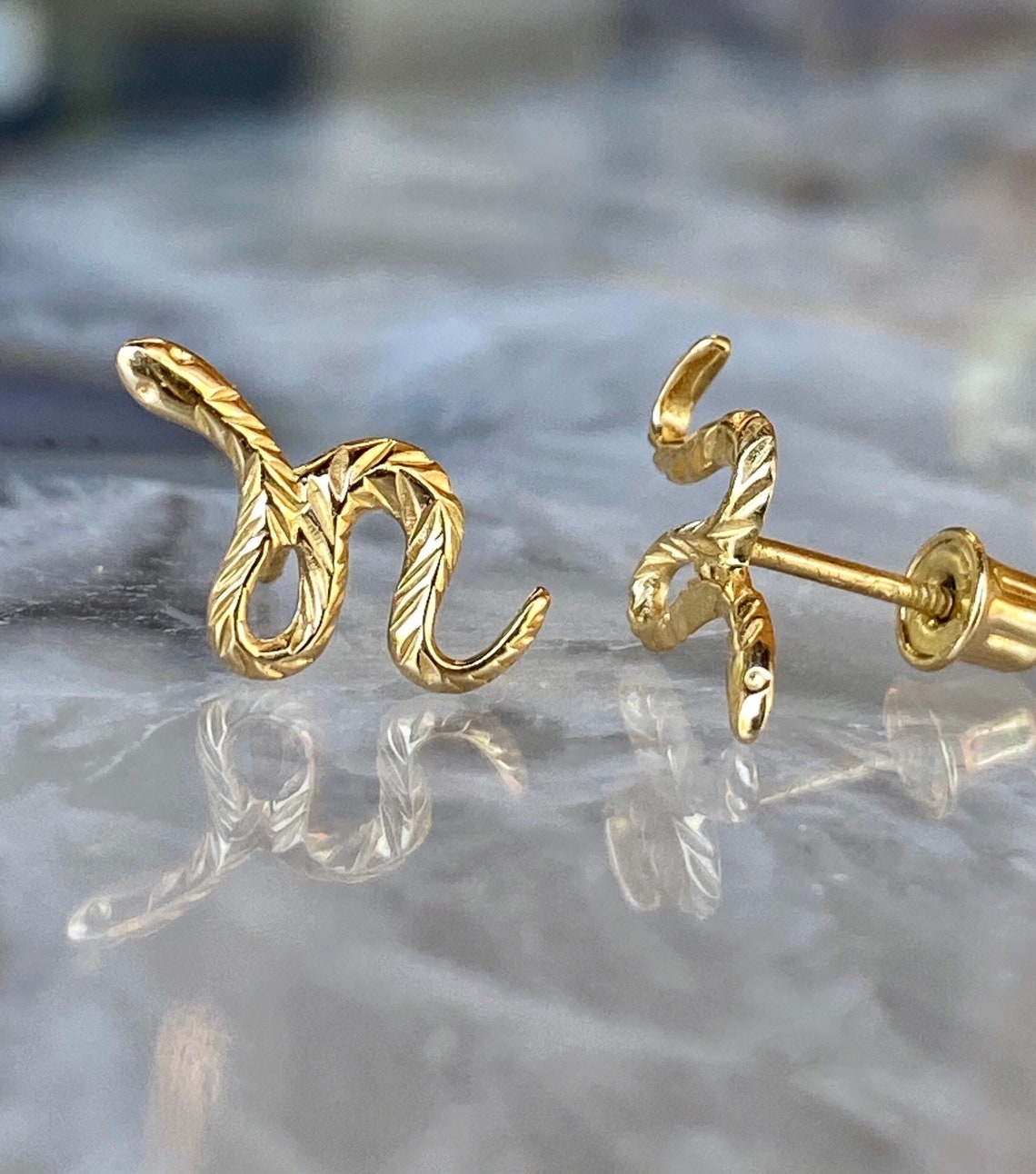 14K Pure Solid Gold Snake Screwback Studs. Snake Shape Earrings. 11mm ...