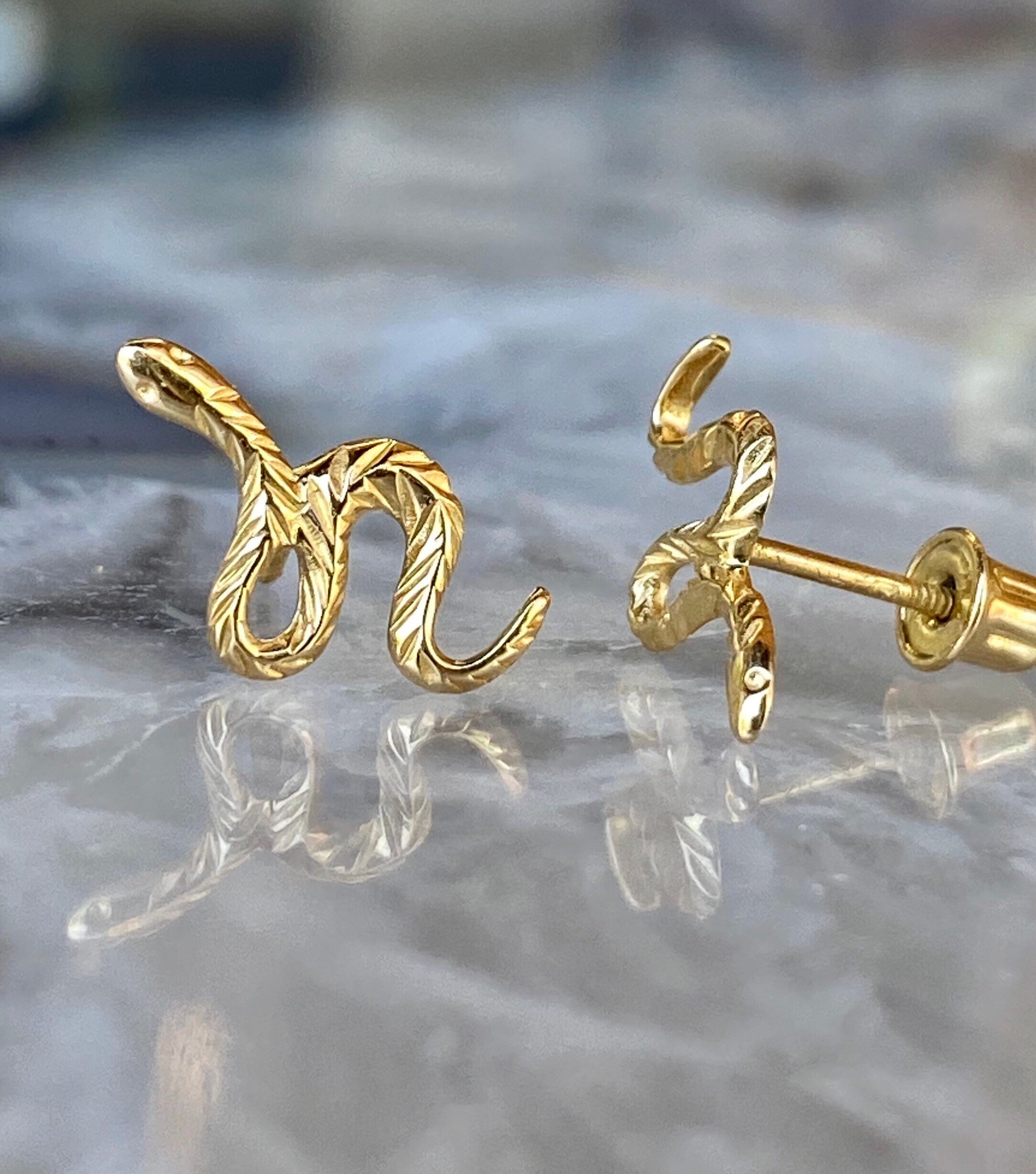 14K Pure Solid Gold Snake Screwback Studs. Snake Shape | Etsy