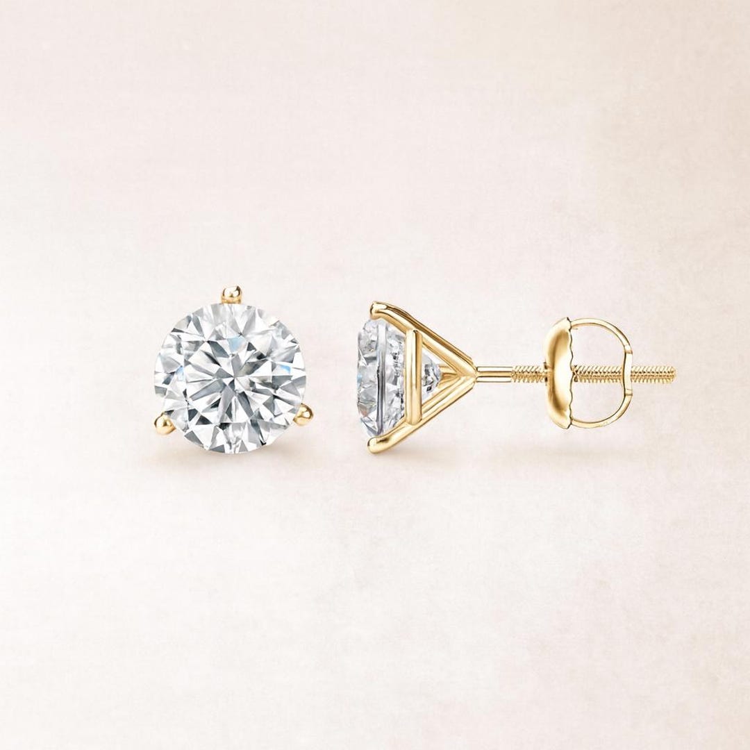 14K Solid Gold Lab Grown Diamond Studs | 3 Prong Martini Diamond Round ...