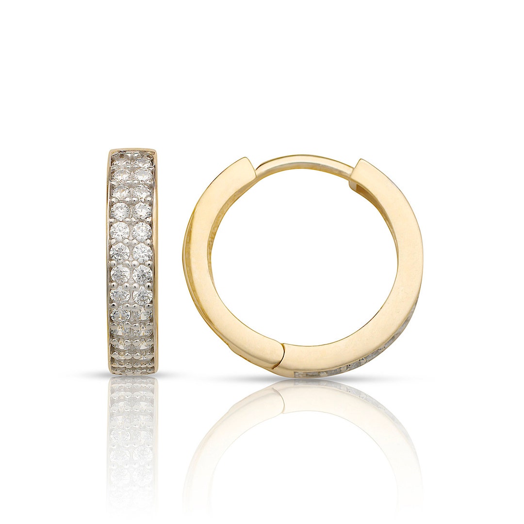 14K Solid Double Row Gold Huggie Earrings / Double Row Huggies 13mm 15mm 16mm - Etsy