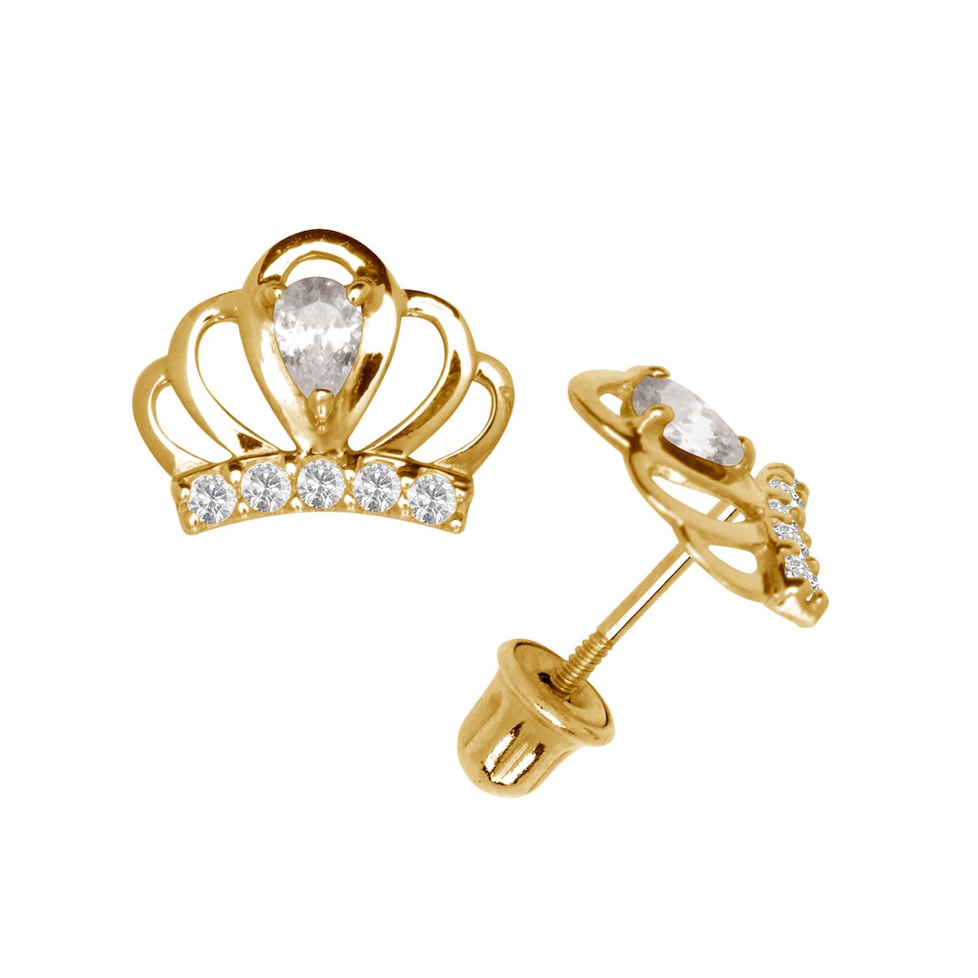 14K Solid Gold Crown Screwback Studs | Crown Earrings | Real 14K Gold ...