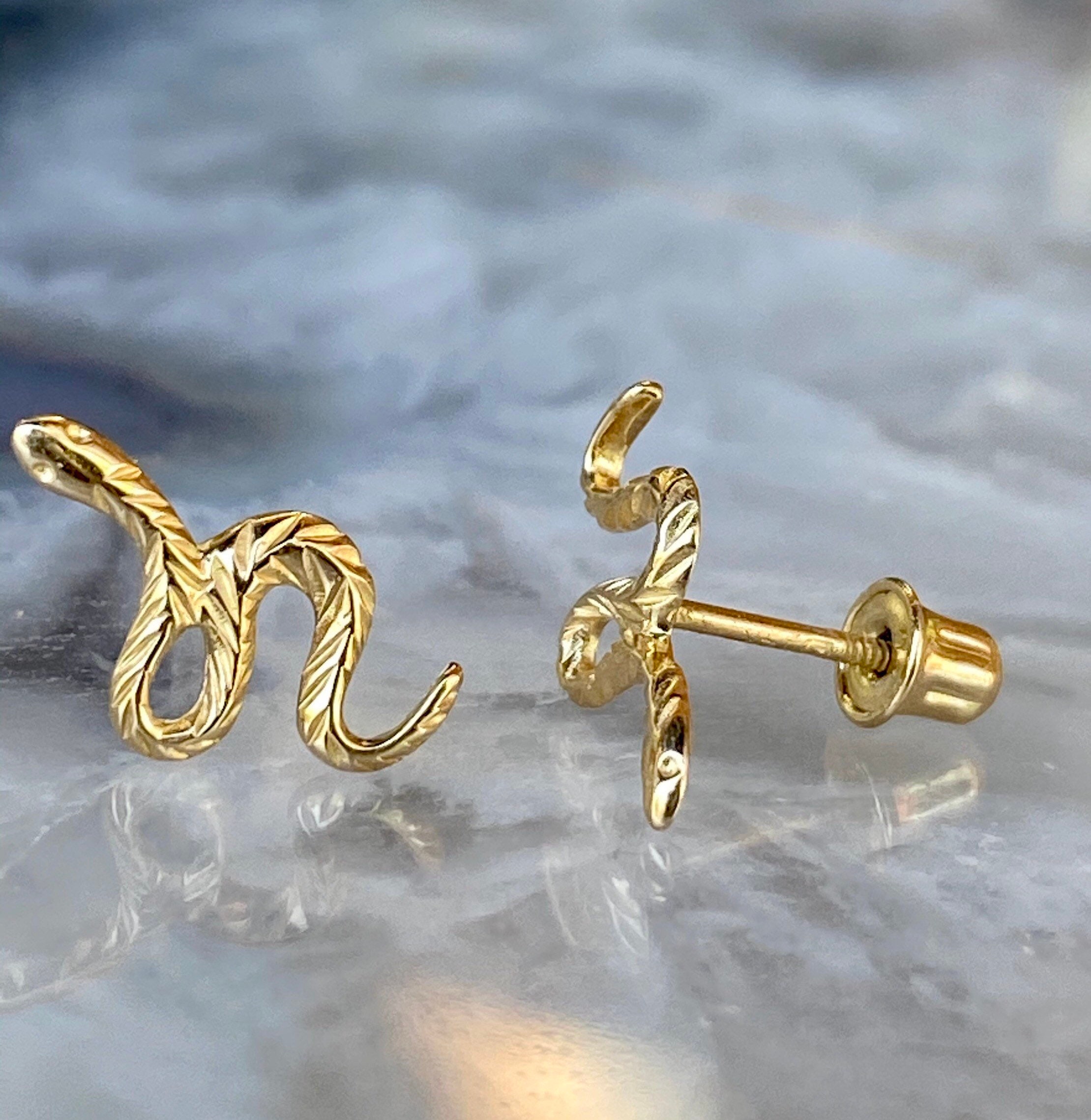 14K Pure Solid Gold Snake Screwback Studs. Snake Shape Earrings. 11mm ...