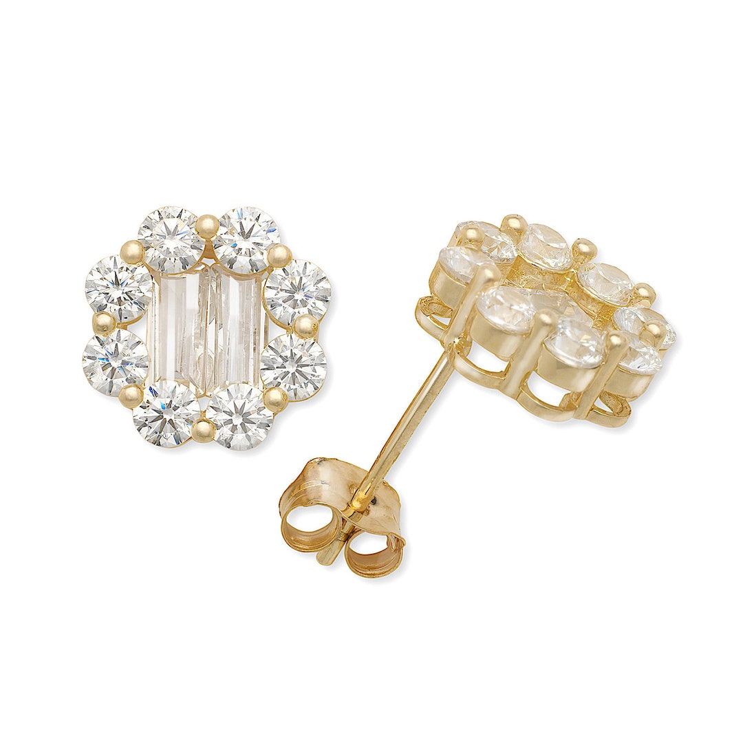14K Solid Gold Yellow / White Flower Cluster Shaped Studs Set Around ...