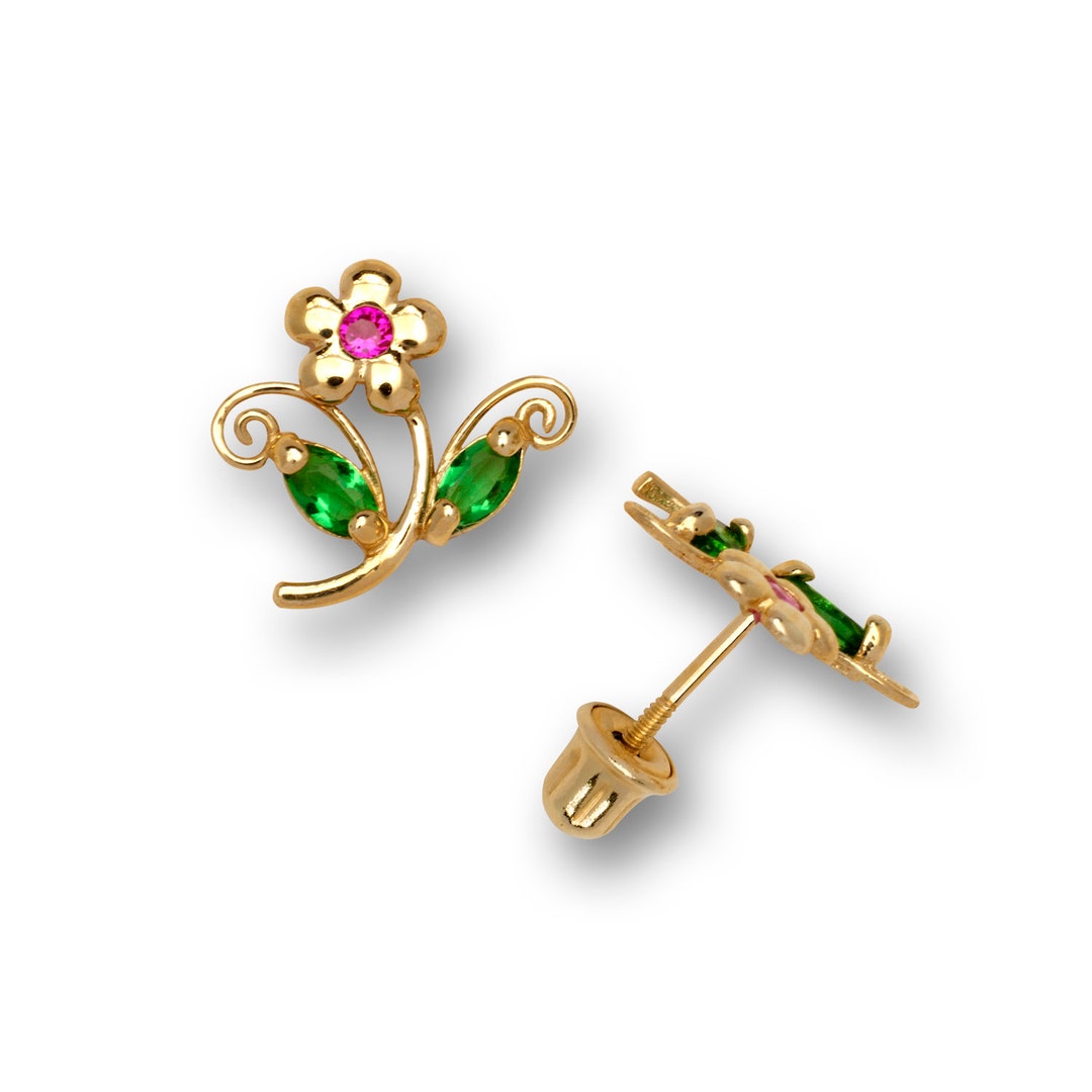 14K Solid Gold Adorable Flower Shaped Studs | Ruby and Emerald Flower ...