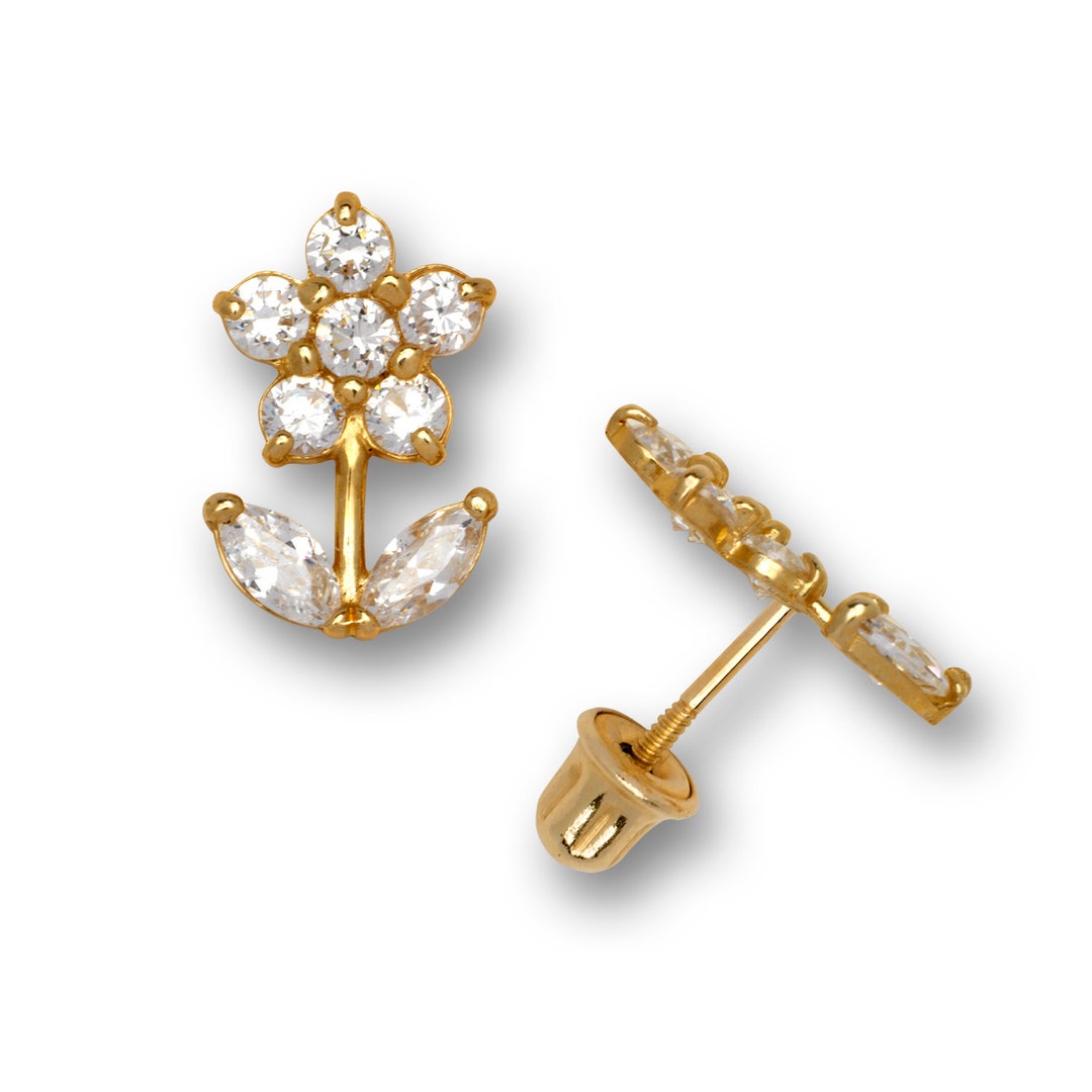 14K Solid Gold Adorable Flower Shaped Studs | Flower Screw Back Studs ...