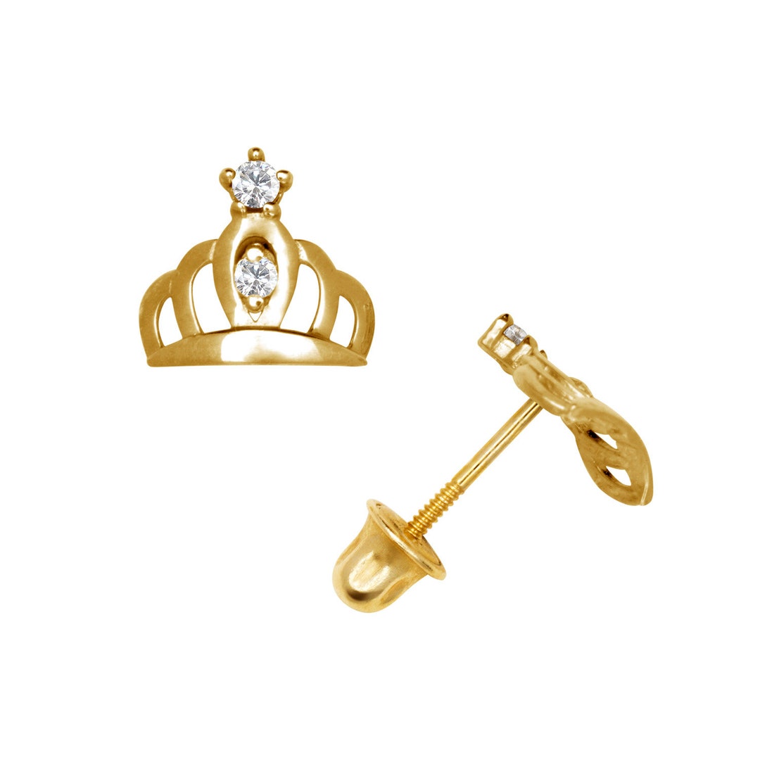 14K Solid Gold Crown Stud Earrings | CZ Screwback - Etsy