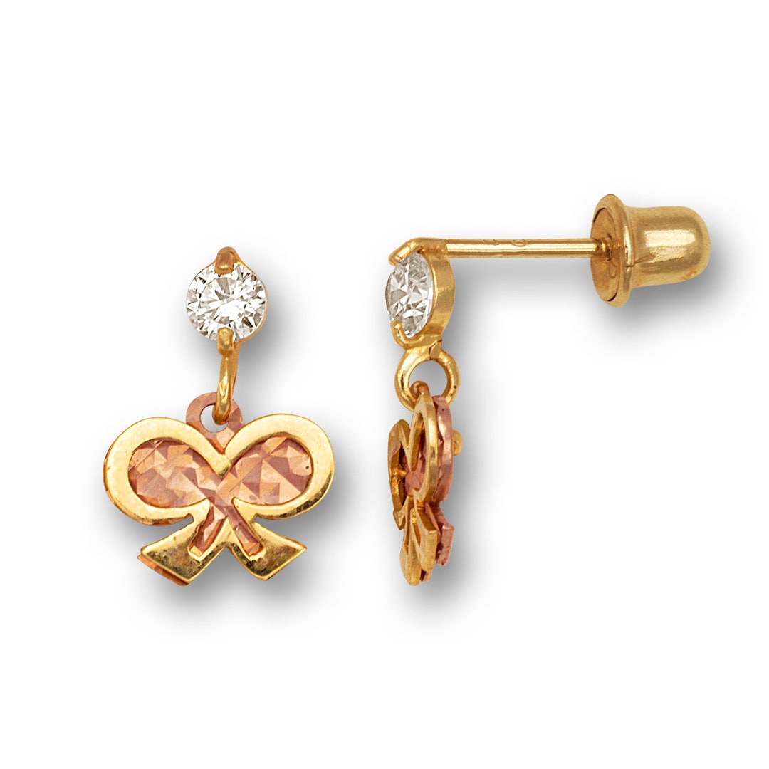 14K Solid Gold Bow Shaped Studs| Screw Back Girls Studs | Hanging Bow ...