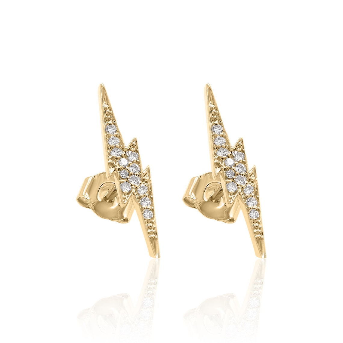 14K Solid Gold Thunder Lightning Bolt Stud Earrings Pave | Etsy