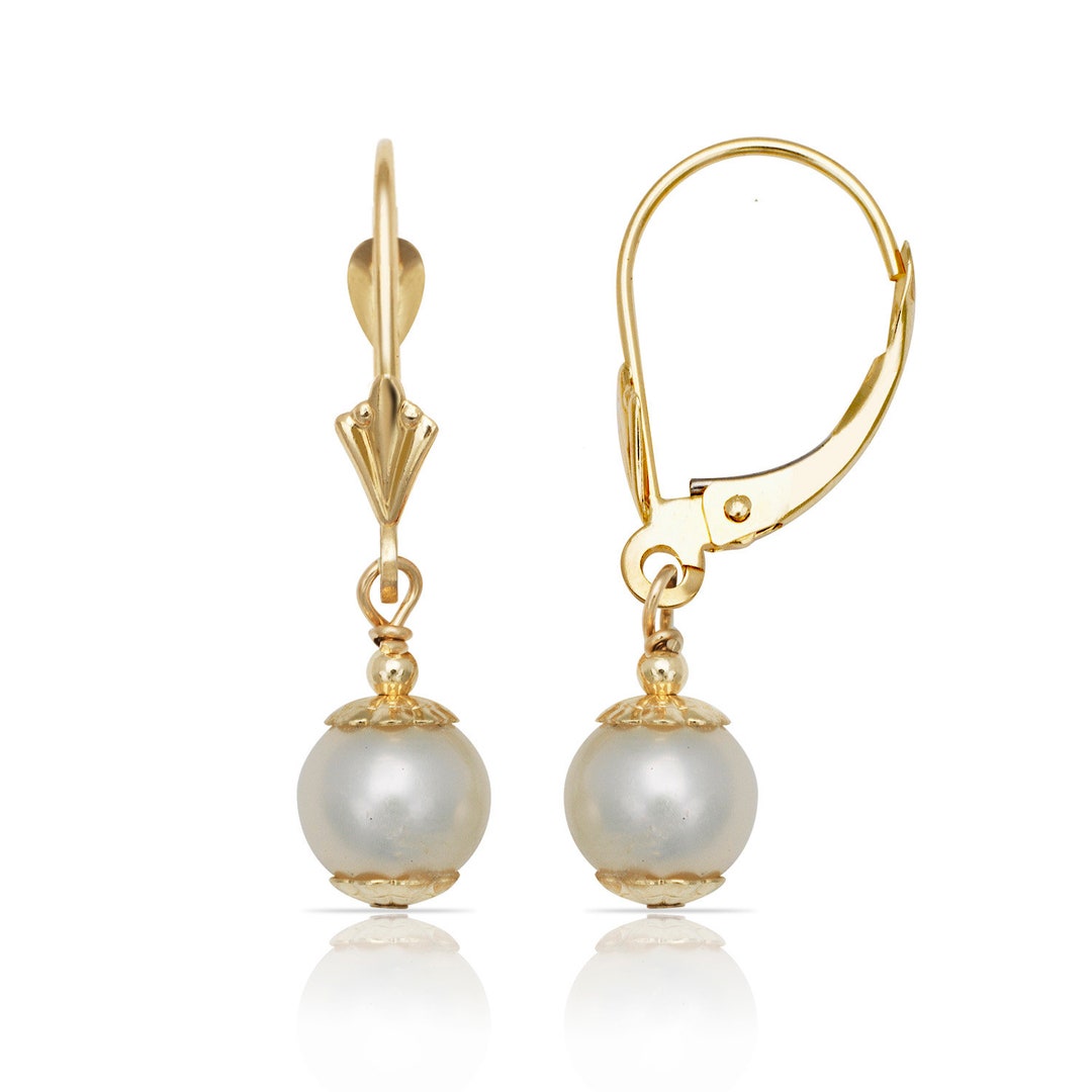 14k Solid Yellow Gold Genuine Pearl Ball Leverback Earrings. Pearl ...