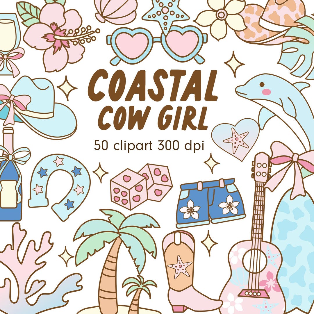 Coastal Cowgirl Clipart | 50 Cute Summer Western Beach Graphics|pastel ...