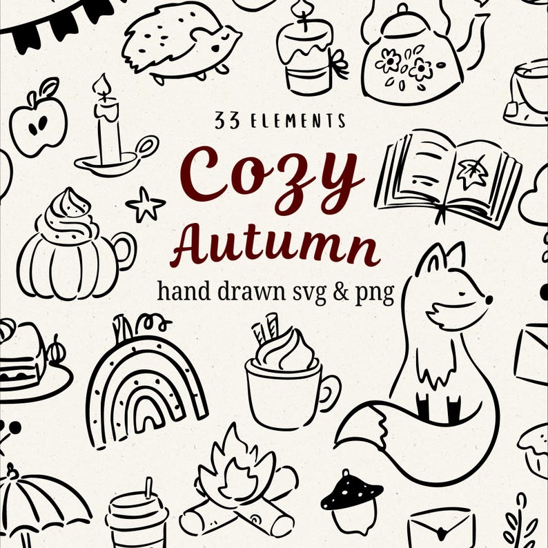 Cozy Fall Clipart SVG PNG – 33 Hand-drawn Autumn Doodles for Stickers ...