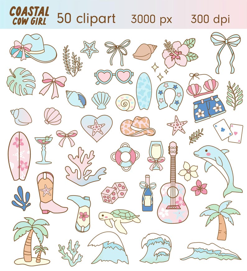 Coastal Cowgirl Clipart | 50 Cute Summer Western Beach Graphics|pastel ...