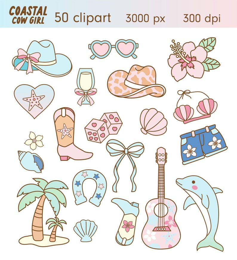 Coastal Cowgirl Clipart | 50 Cute Summer Western Beach Graphics|pastel ...