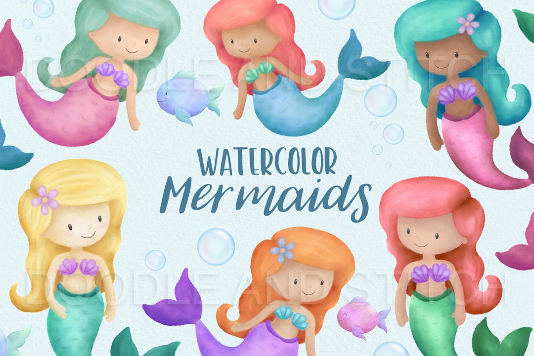 Watercolor Mermaid Clipart Designs, Cute Mermaid Clip Art Illustrations ...